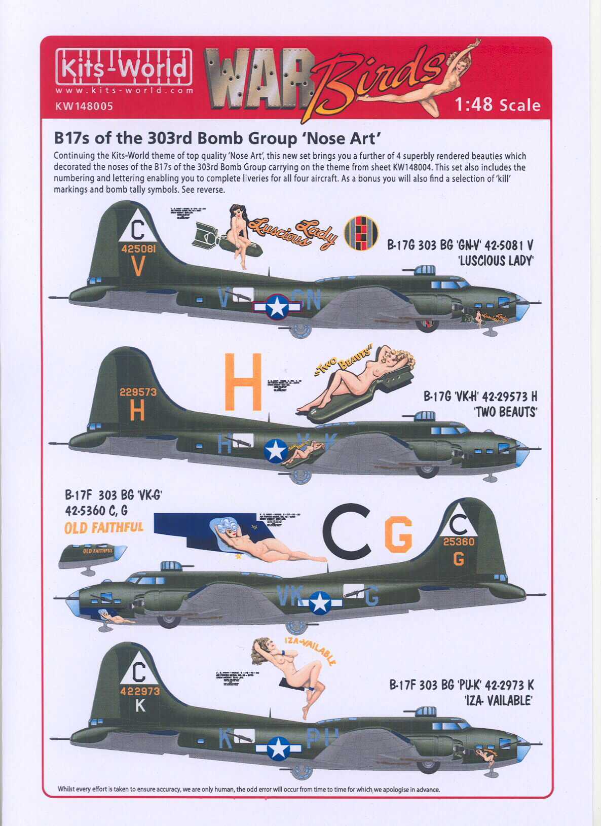 Kits World Decals 1/48 B-17G FLYING FORTRESS 303rd Bomb Group Nose Art Kits World Decals 1/48 B-17G FLYING FORTRESS 303rd Bomb Group Nose Art